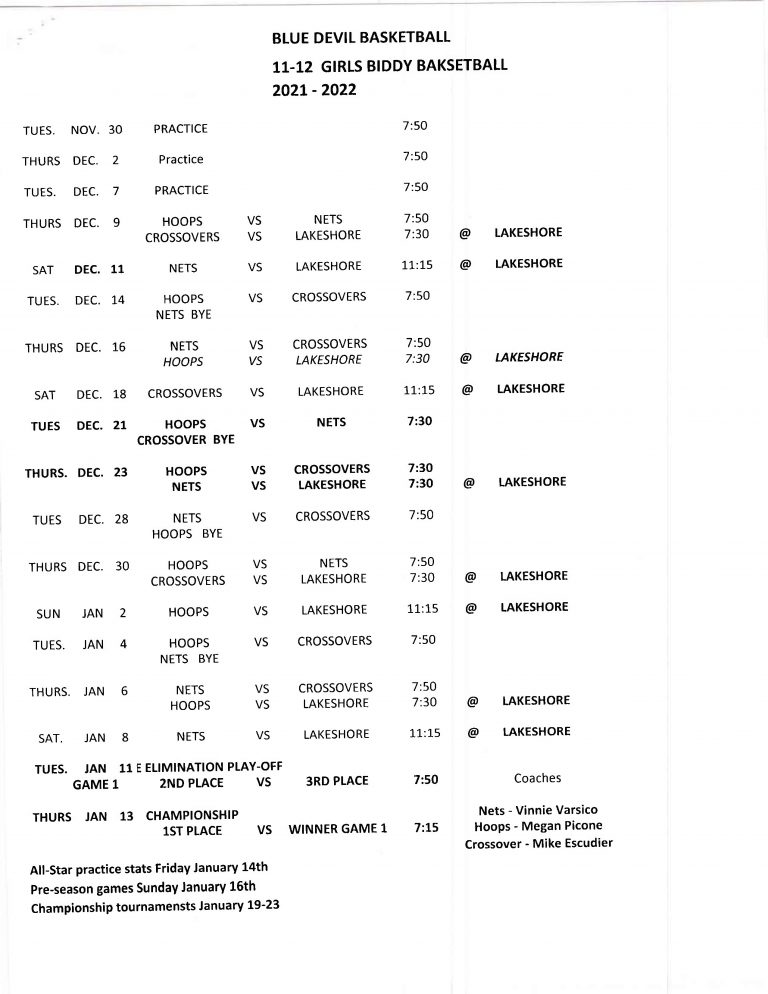 Girls basketball schedules – Pontiff Blue Devils